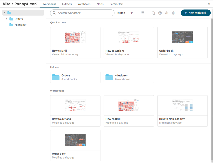 Altair Panopticon Web Authoring Help - [7] Accessing Workbooks and Context Menu Options