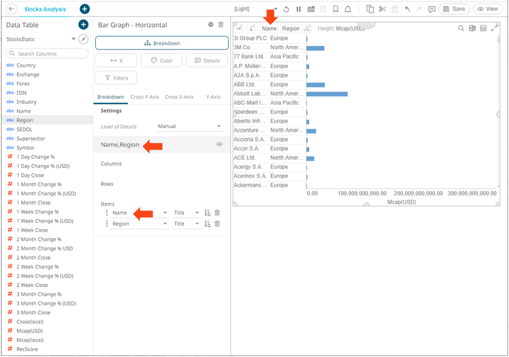 Altair Panopticon Web Authoring Help - Modifying the Columns of the Breakdown