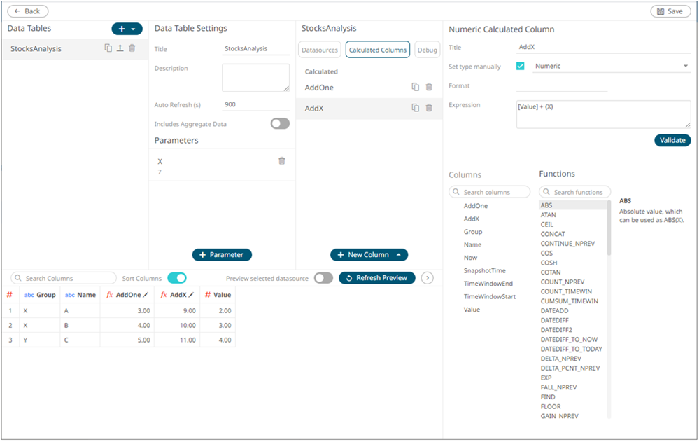 Altair Panopticon Web Authoring Help - Parameterization in Calculated Columns